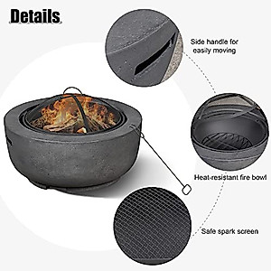 HOOOWOOO 24" Small Round Outdoor Fire Pits,Patio Concrete Wood Burning FirePit Bowl,Faux Stone Clay Firepits Table for Outside,Gray