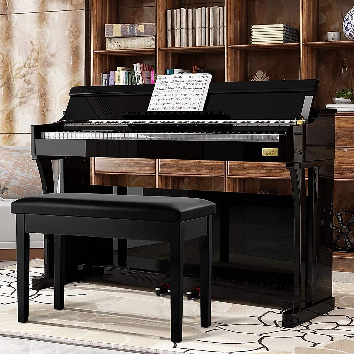 GOFLAME Duet Piano Bench, Black, PU Leather, Solid Wood Construction, Hidden Music Storage, 360 lbs Load Capacity, 29.5" x 14" x 19.5"
