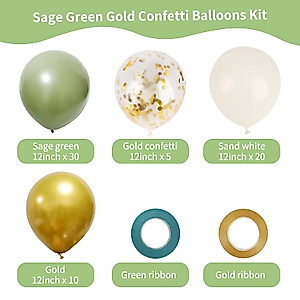 RUBFAC 65 Pcs 12 Inches Sage Green Gold Confetti Balloons Kit, Green Gold Sand White Party Balloons with Ribbons for Tiana Birthday, Wedding, Baby Shower, Graduation, Eucalyptus Party Decorations