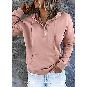 Dokotoo Womens Ladies Winter Sweatshirt for Women Comfy Simple Plain Drawstring Hoodies Front Button Collar Fleece Long Sleeve with Pockets Hooded Pullovers Casual Loose Fit Fall Tops Shirts Large