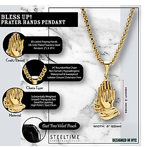 Steeltime 18K Gold Plated Stainless Steel Praying Hands Pendant with 24" Inch Box Chain Necklace | Serenity prayer necklace | Religious Necklace for Men & Women | Gold
