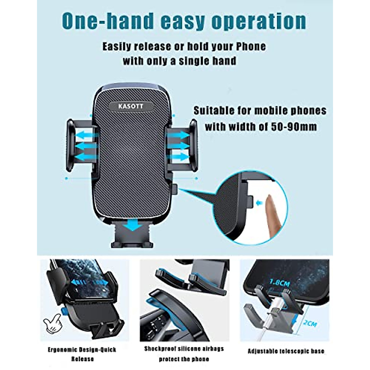 KASOTT Cell Phone Holder Mount for Car - Dashboard Windshield Air Vent Desk Universal 4 in1 Strong Suction Cup Long Arm, Compatible with iPhone, Samsung, Android and All 4-7" Smartphones