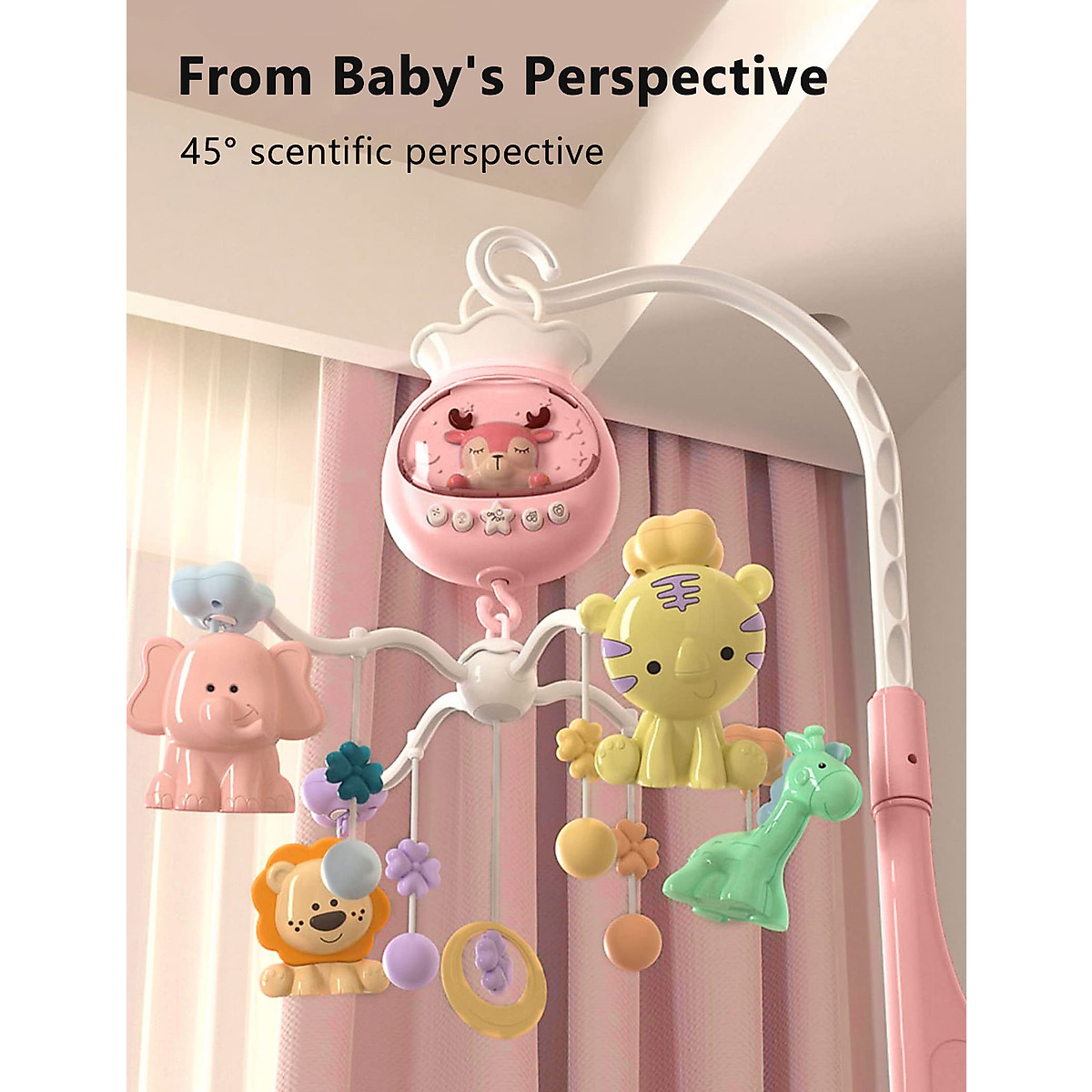BSROLUNA Baby Crib Mobile with Music and Lights, Baby Mobile for Crib with Remote Control, Hanging Rotating Animal Rattles, 50 Songs and Timing Function, Cartoon Baby Crib Toys for Girls (Baby Pink)