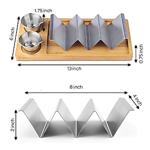 Stainless Steel Taco Stand Holder With Bamboo Tray - Set of 2 - Taco Tuesday With Four Sauce Holders and Four Spoons - Holds Up to 4-6 tacos - Stainless Steel Racks With Handles Oven & Grill Safe