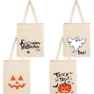 Frienda 4 Pieces Halloween Trick or Treat Bags 10.63'' Reusable Canvas Bags Cartoon Halloween Tote Bag with Pumpkin and Ghost Design for Halloween Party Supplies, Grocery Shopping