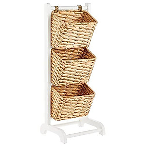 mDesign Water Hyacinth 3-Tiered Storage Baskets Floor Stand with Market Basket Storage Bins - Vertical Standing Rack for Living Room, Laundry, Bedroom, Bathroom, Office Organization - White/Natural