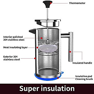 BAERFO French Press Coffee Maker, 304 Grade Stainless Steel Insulated Coffee Press with 2 Extra Screens with 1 Thermometer, 34oz (1 Litre), Silver