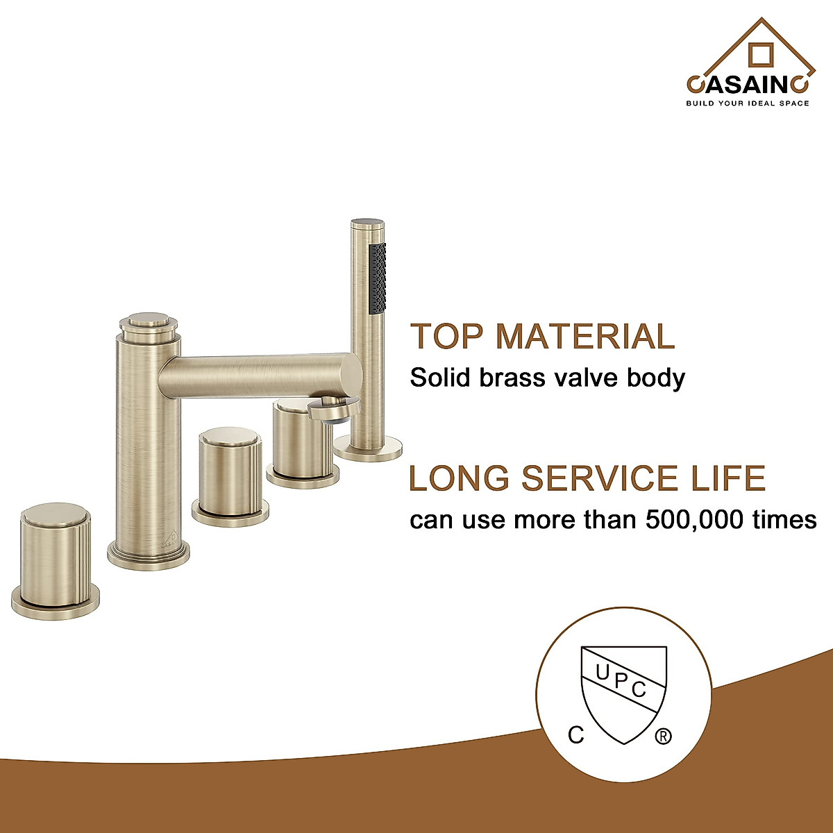 CASAINC Bathtub Faucet Set, Roman Tub Faucet with Hand Shower 5 Hole, Bathtub Faucet Set with Deck Mount Tub Faucet with Sprayer Single Handle (Brushed Gold)