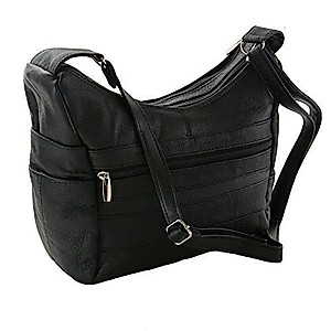 Marshal Women's Genuine Leather Purse Adjustable Strap Mid Size Multi Pocket Shoulder Bag (Black)