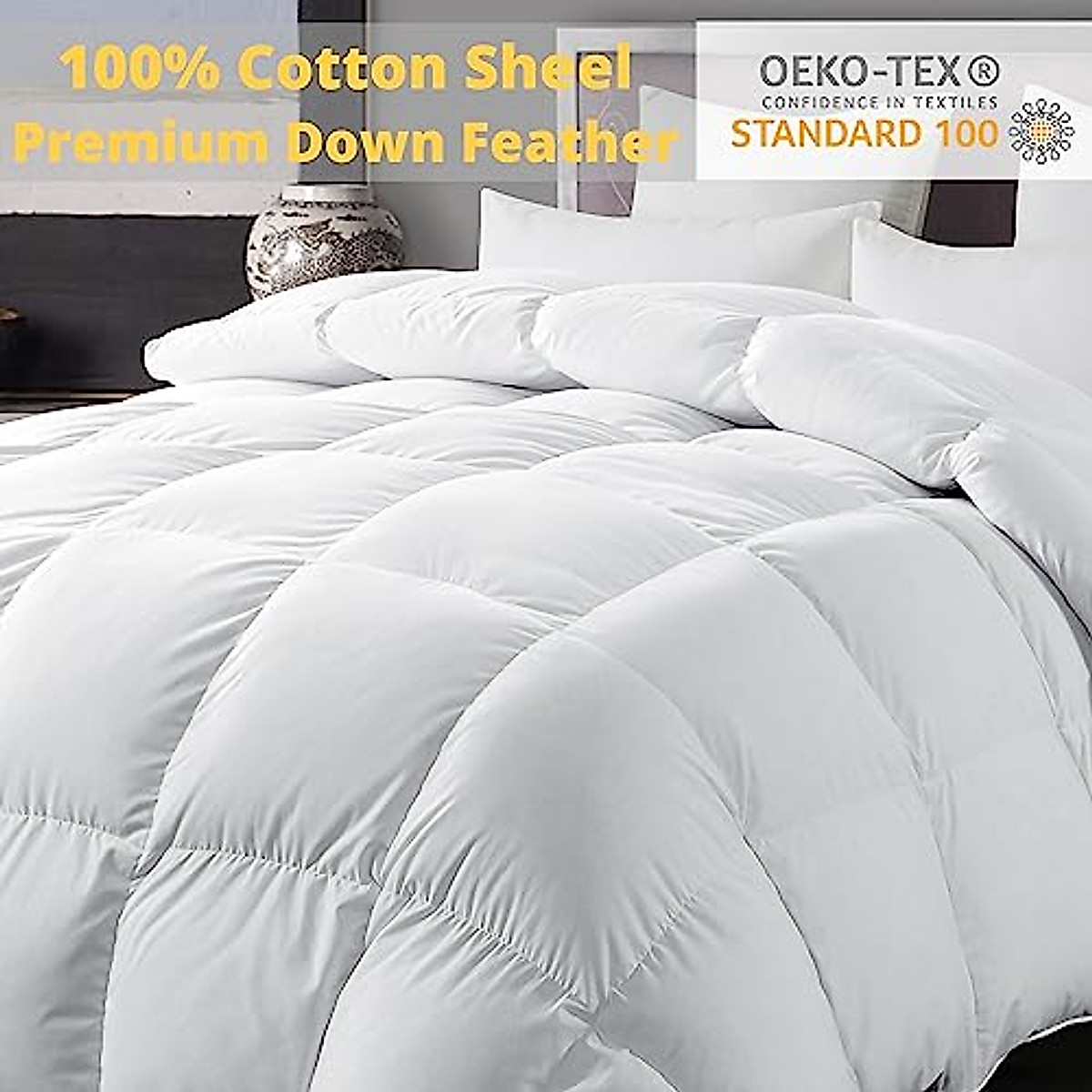 ELNIDO QUEEN Feather Down Comforter Queen Size - White Down Duvet Insert - Luxurious Fluffy Hotel Style Bedding Comforter - 100% Cotton Cover All Season Medium Warmth - Queen Size (90x90 Inch)