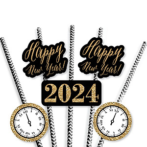 Big Dot of Happiness New Year's Eve - Gold - Paper Straw Decor - 2024 New Years Eve Party Striped Decorative Straws - Set of 24