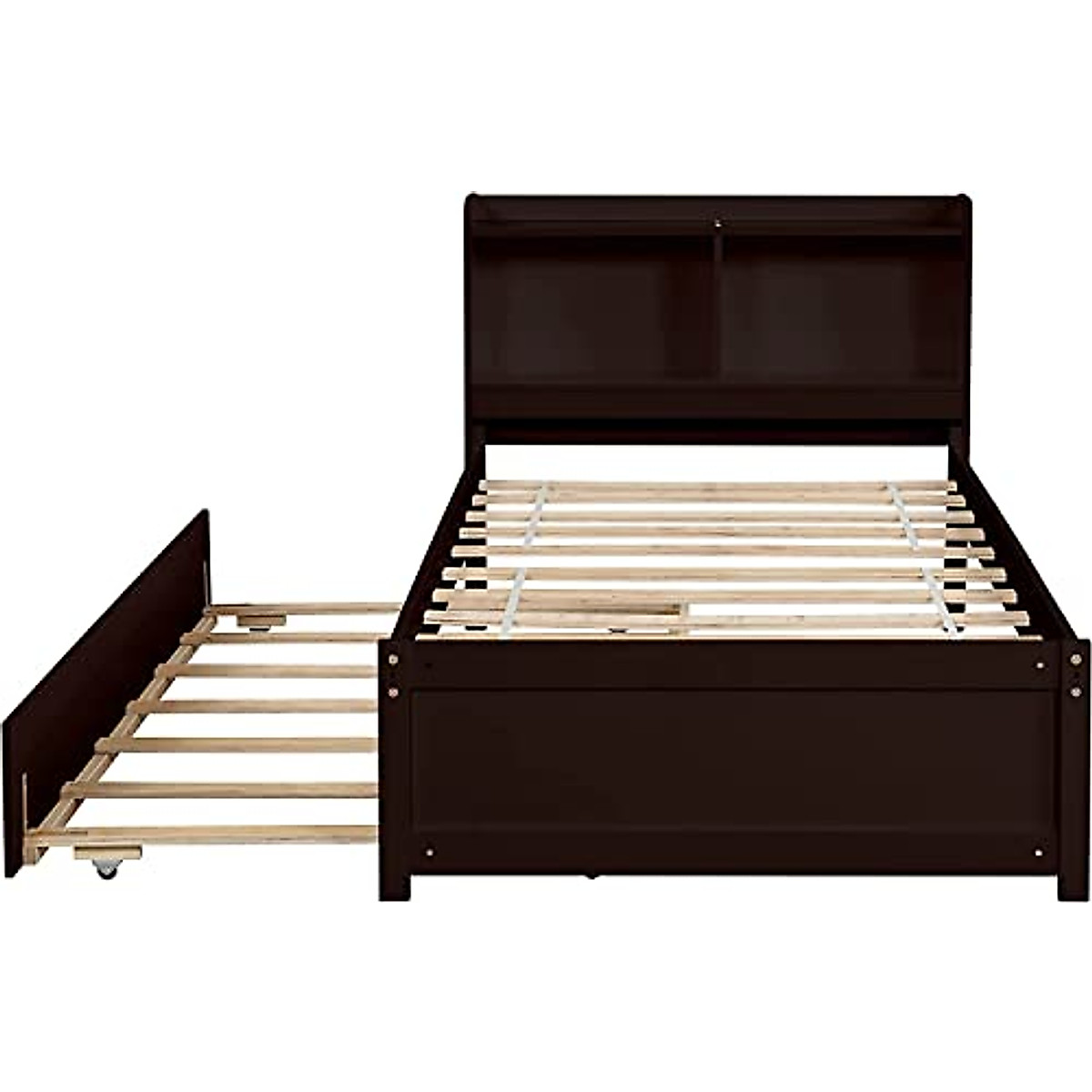 Harper & Bright Designs Twin Bed with Trundle, Twin Bed Frame with Bookcase Headboard, Wood Twin Platform Bed with Pull Out Trundle Bed for Kids Girls Boys,No Box Spring Needed,Espresso