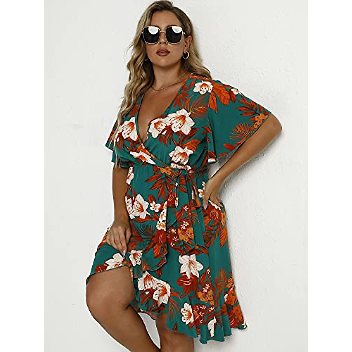 Floerns Women's Plus Size Striped Print Wrap V Neck Short Sleeve A Line Dress Green Multi 1XL