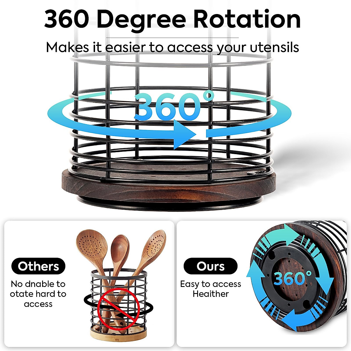 360°Rotating Utensil Holder for Kitchen Counter-6.5" Metal & Wooden Large Cooking Utensil Holder with Drainage Hole，Kitchen Utensil Storage Organizer for Countertops，Spatula Holder for Farmhouse Decor