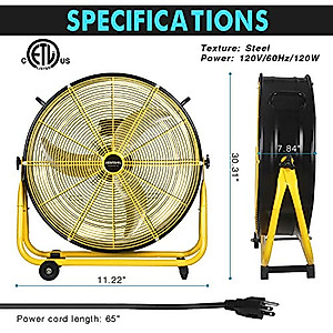 VENTISOL Industrial Fan 24" High Velocity Floor Fan With 3 Speed 7800 CFM, Heavy Duty Metal Drum Fan For Shop, Garage, Warehouse, Workshop, Factory, Commercial