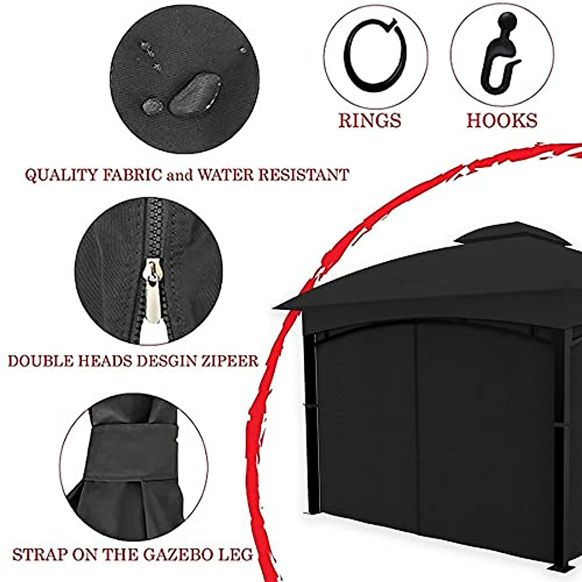 Gazebo Universal Replacement Privacy Curtain 4-Panels sidewall with Zipper (ONLY Curtain) (10' x 13', Black)