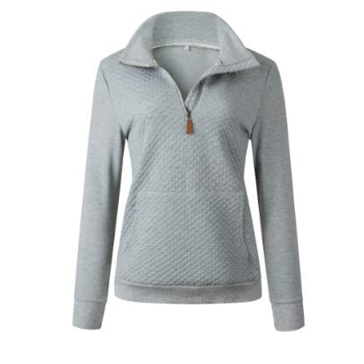 Women's Fashion Quilted Pattern Long Sleeve Casual Zipper Sweatshirt Solid Color Pullover Shirt Top.JNINTH Light Gray