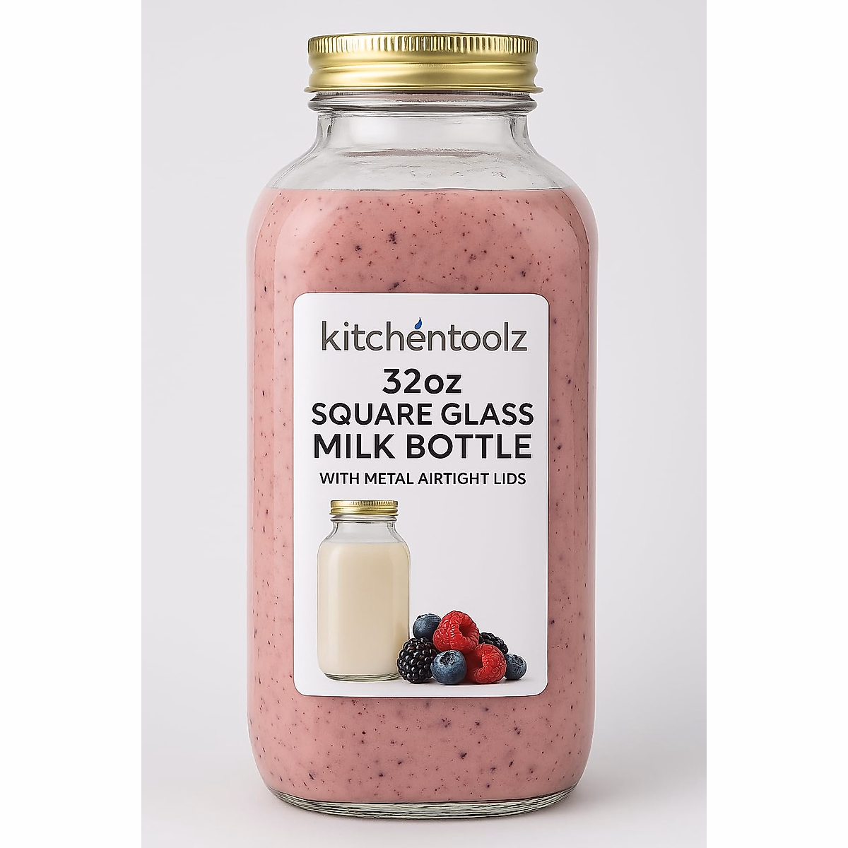 kitchentoolz 32oz Square Glass Milk Bottle with Metal Airtight Lids -1 Quart Milk Jars with Lids for Fridge - Reusable Milk Jugs , Yogurt, Smoothies, Kefir, Kombucha, Water