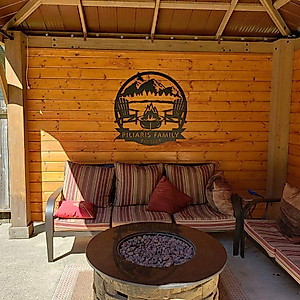 RealSteel Personalized Campfire Name Sign - Custom Metal Wall Art with Adirondack Chairs, Mountains, and Campfire Scene - Rustic Cabin, RV, and Campsite Decor - Gift for Campers & Nature Lovers - Black, 18"