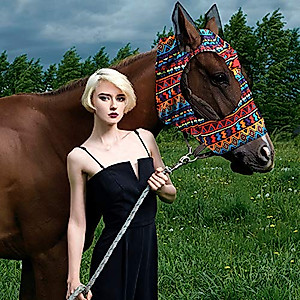 2 Pieces Horse Fly Mask Horse Mask with Ears Smooth and Elasticity Fly Mask with UV Protection (Tribal Grid Patterns, L)