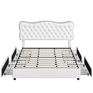 HOSTACK King Bed Frame with 4 Storage Drawers, Upholstered Platform Bed Frame with Button Tufted Headboard, Heavy Duty Mattress Foundation with Wooden Slats, No Box Spring Needed (White, King)