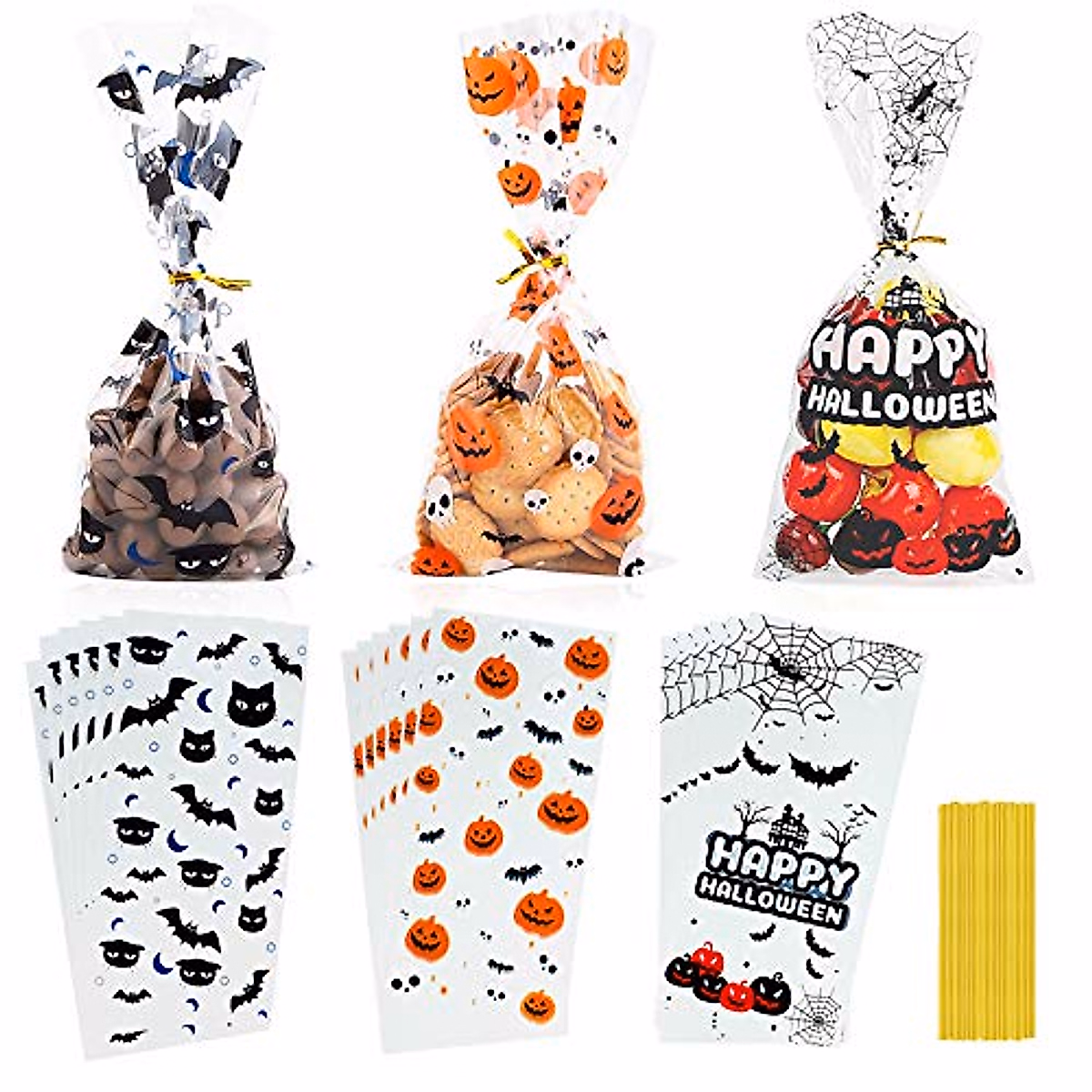 WOVTE Halloween Cellophane Bags, 150 PCS Candy Treat Bags with 150 PCS Twist Ties for Bakery Biscuit Chocolate Snacks Halloween Party Favors Homemade Craft (3 Styles)