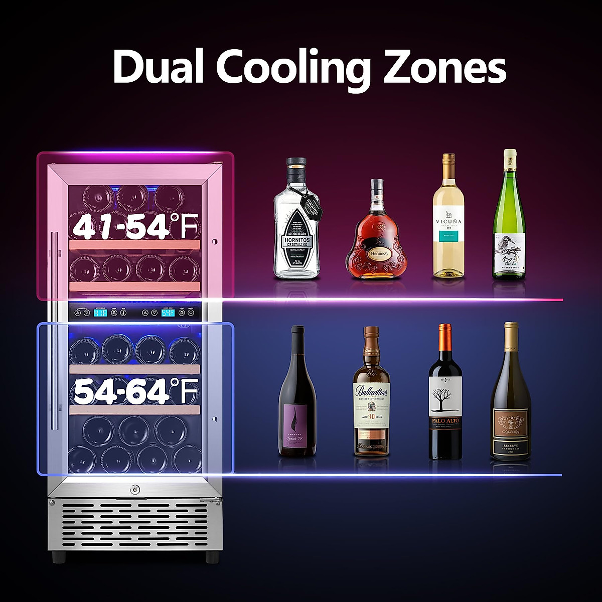 Karcassin Dual Zone 15 Inch Wine Cooler, 28 Bottle Wine Fridge with Stainless Steel Tempered Glass Door, Fit Red & White Wine, Built-in or Freestanding