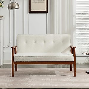 AODAILIHB Small Sofa Couch for Small Spaces, Mid Century Modern Couch Beige Loveseat Sofa for Living Room Teddy Fleece Love Seats with Solid Wood Arms 2 Seat Couches for Bedrooms Office (Beige)