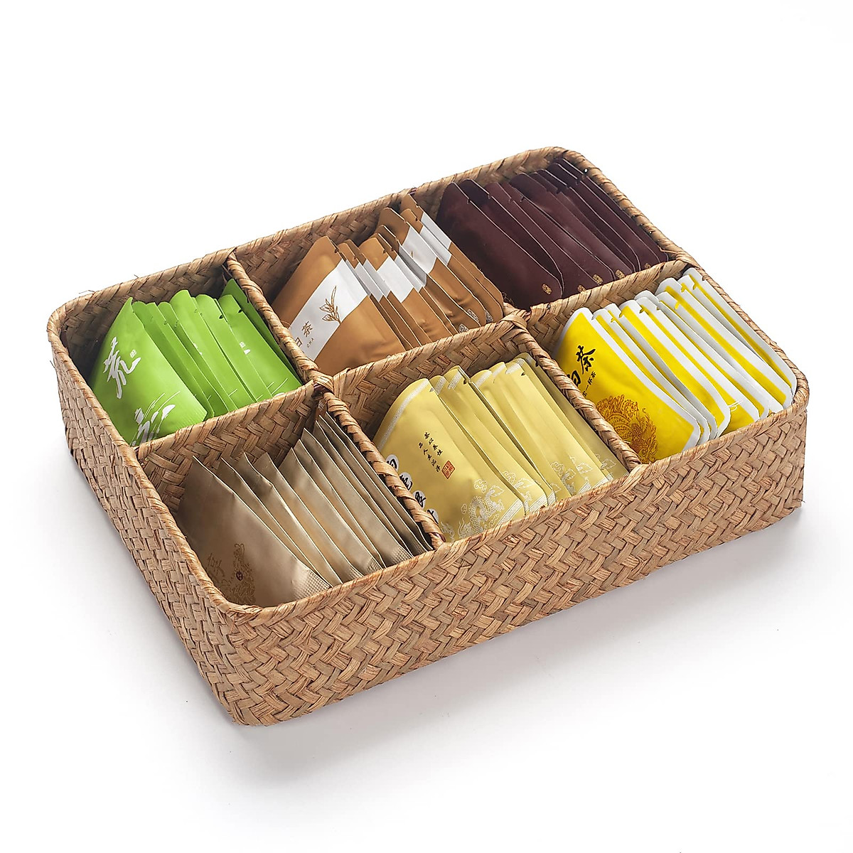 Tea Bag/Sugar Packet Holder, Coffee Station Condiment Organizer, Seagrass Storage Basket, Wicker Rattan Divided Basket Organizer for Drawer/Shelf/Countertop