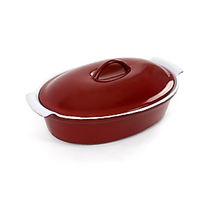 Hell's Kitchen Enameled Stoneware Oval Covered Casserole Dish, 3.5 Quarts, Red (Oval, With Lid)