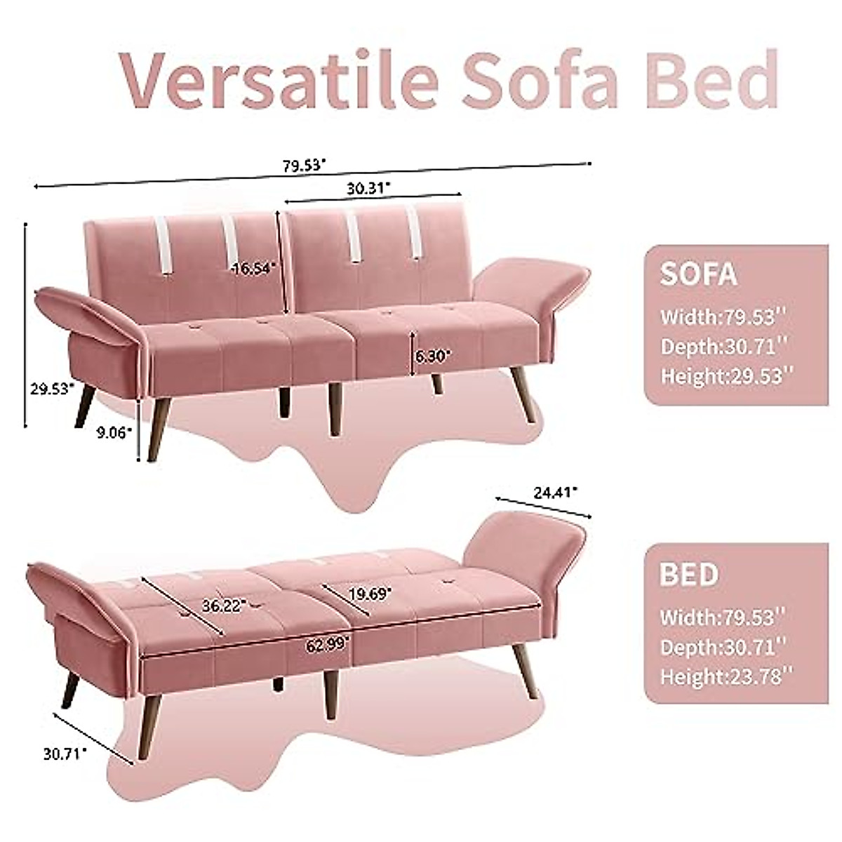 Shintenchi Convertible Futon Sofa Bed, Folding Futon Couch with Adjustable Backrest, Futon Sleeper Recliner Loveseat, Modern Futon Couch, Sofa Cama, Couches for Living Room(Pink)