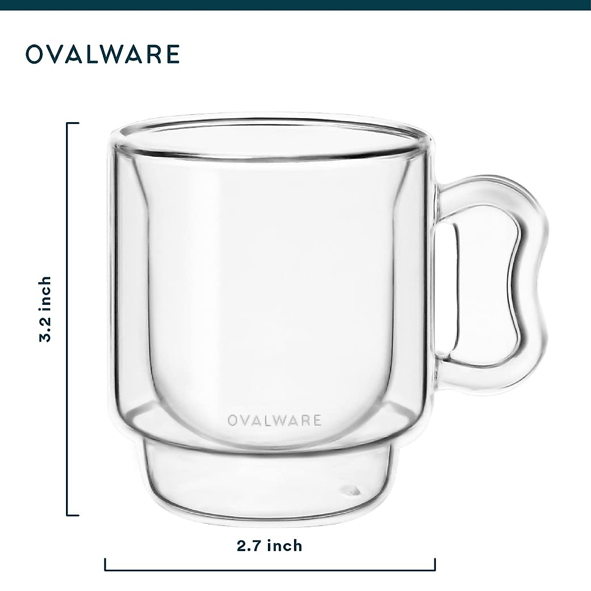ovalware RJ3 Espresso Coffee Glass Cups 4oz/120ml (Set of 2) Double Walled Glass Cup w/Solid Butterfly Handle- Elegant Borosilicate Espresso Shot Mug - Stackable Insulated Transparent Demitasse Glass