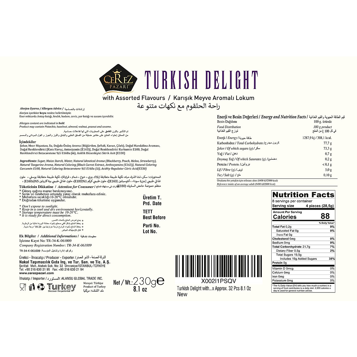 Cerez Pazari Turkish Delights Candy with Assorted Mix Flavours 8.1 Oz Vegan Fruit Snacks Gift Box | No Nuts Sweet Luxury Traditional Confectionery Lokum Loukoumi