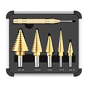 Trepot 5PCS HSS Titanium Step Drill Bit Set & Automatic Center Punch, High Speed Steel Drill Bits, Double Cutting Blades Design, 50 Sizes with Aluminum Case, Short Length Drill Bits Set
