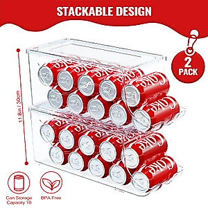 SCAVATA 2 Pack Stackable Refrigerator Organizer, Soda Can Dispenser Pop Cans Container Beverage Holder with Lid for Fridge, Freezer, Kitchen, Clear Plastic Storage Bins-Holds 10 Cans Each (Clear)