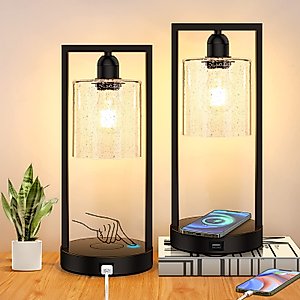 Wireless Charging Touch Control Table Lamp Set of 2, Dimmable Bedside Nightstand Lamps with USB Port, Industrial Desk Lamps for Bedroom Living Room Office Seeded Glass Shade, Bulbs Included