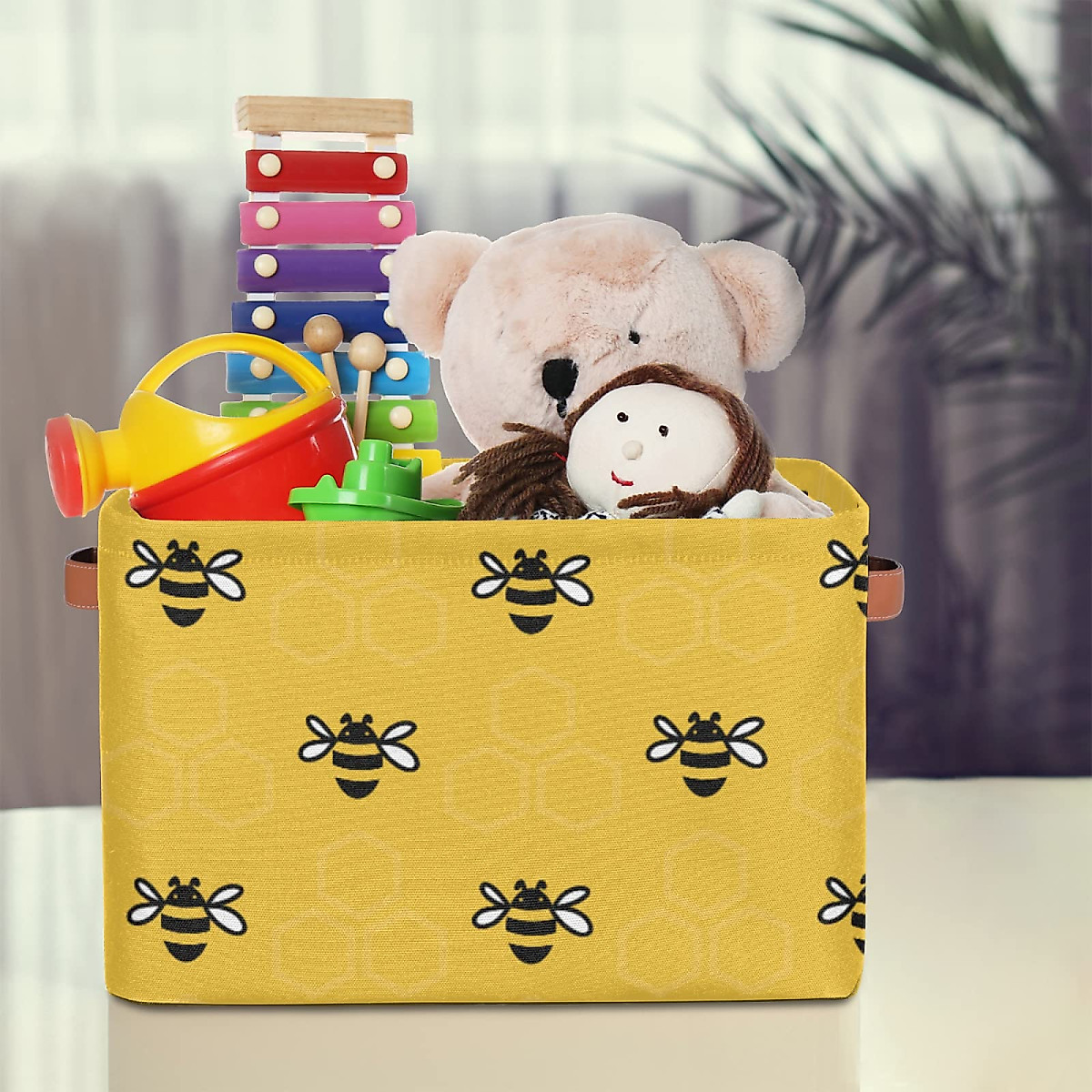 Storage Baskets with Handles, Bee Yellow Storage Cube Rectangular Fabric Collapsible Toy Storage Bin Organizer for Closet Shelf Laundry Nursery Kids Bedroom, 15x11x9.5 In,1 Pack