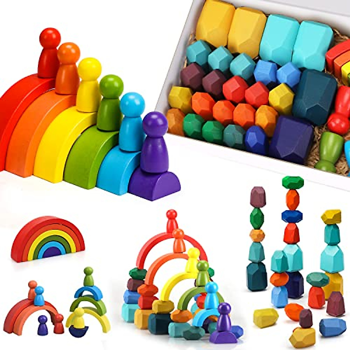 TOY Life 38 PCs Wooden Rainbow Stacking Toys, Montessori Toys for 3 4 Years Old, Stacking Toddler Blocks, Stacking Stones, Rainbow Stacker, Stacking Rocks, Wooden Blocks for Toddlers Kids, Peg Dolls