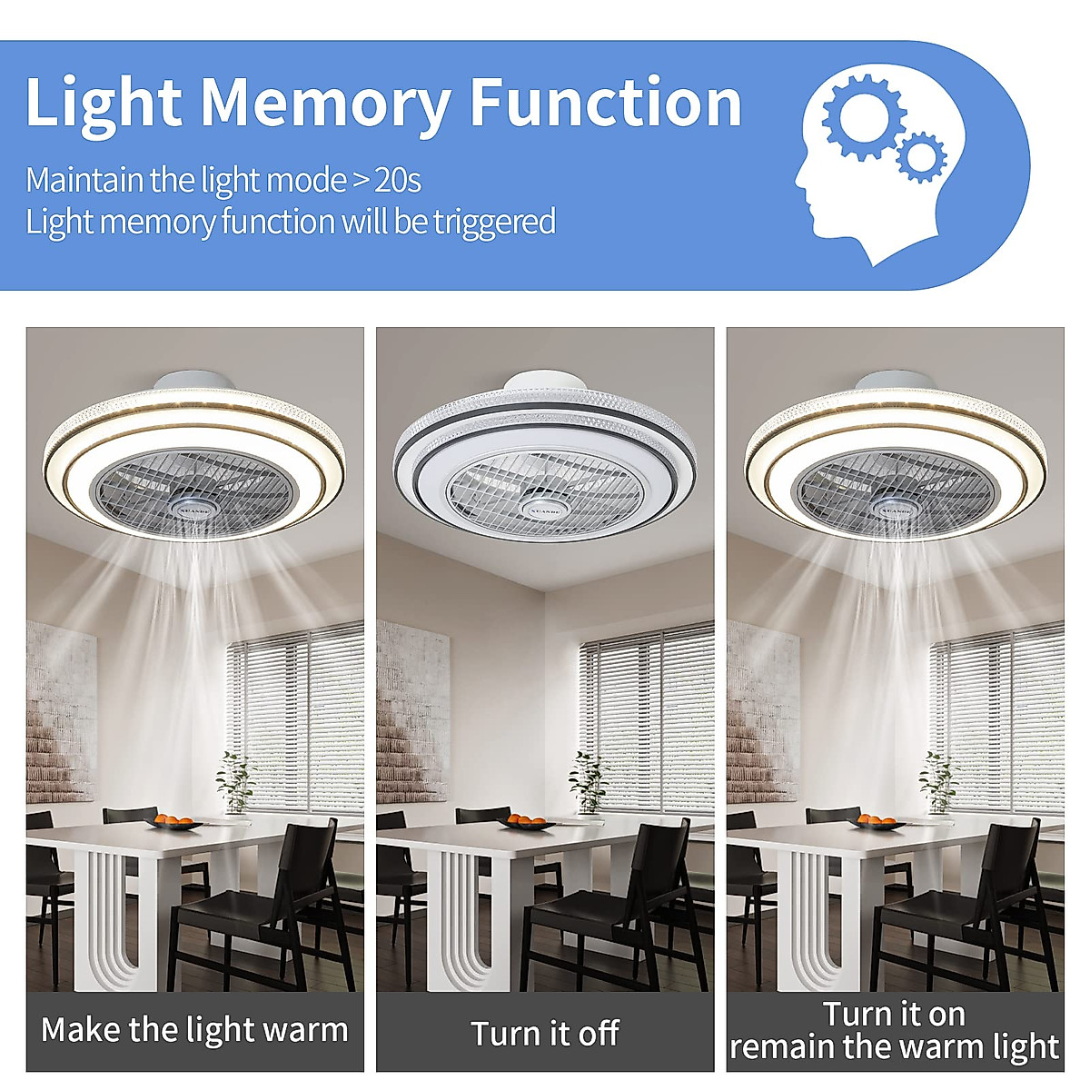 XuanDe Ceiling Fans with Lights and Remote Quiet, 20" Enclosed Ceiling Fans Modern Low Profile DC Motor 6 Gear Wind Speeds 3 Colors of Lights-Silver