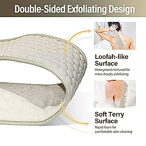 Suntee Exfoliating Back Scrubber for Shower, 3 PCS Loofah Back Scrubber with Exfoliating Glove and Sponge Pad Set, Long Deep Clean Back Washer Bath Shower Scrubber for Men and Women (36.5 * 4.5 inch)