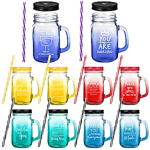 Meanplan Employee Appreciation Gift Bulk 16 oz Thank You Glass Cup with Handles Lids and Straws Mason Jar Mugs for Students Teacher Graduation Coworker Staff Nurse Work Team(Multicolor, 10 Pcs)