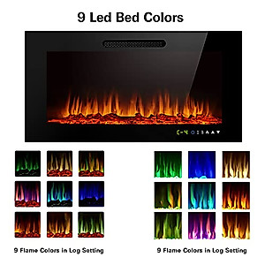 Hykolity 36 inch Electric Fireplace Inserts, 750/1500W Recessed and Wall Mounted Electric Fireplace, Electric Wall Fireplace Heater with Remote Timer, Touch Screen, Log/Crystal Hearth Options