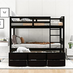 Harper & Bright Designs Twin Over Twin Bunk Bed with Trundle and Storage Drawers Wood Bunk Beds Frame for Kids Girls Boys Teens, Espresso