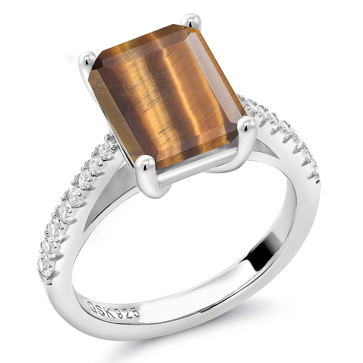 Gem Stone King 925 Sterling Silver Brown Tiger Eye and White Created Sapphire Ring For Women (3.26 Cttw, Available In Size 5, 6, 7, 8, 9)