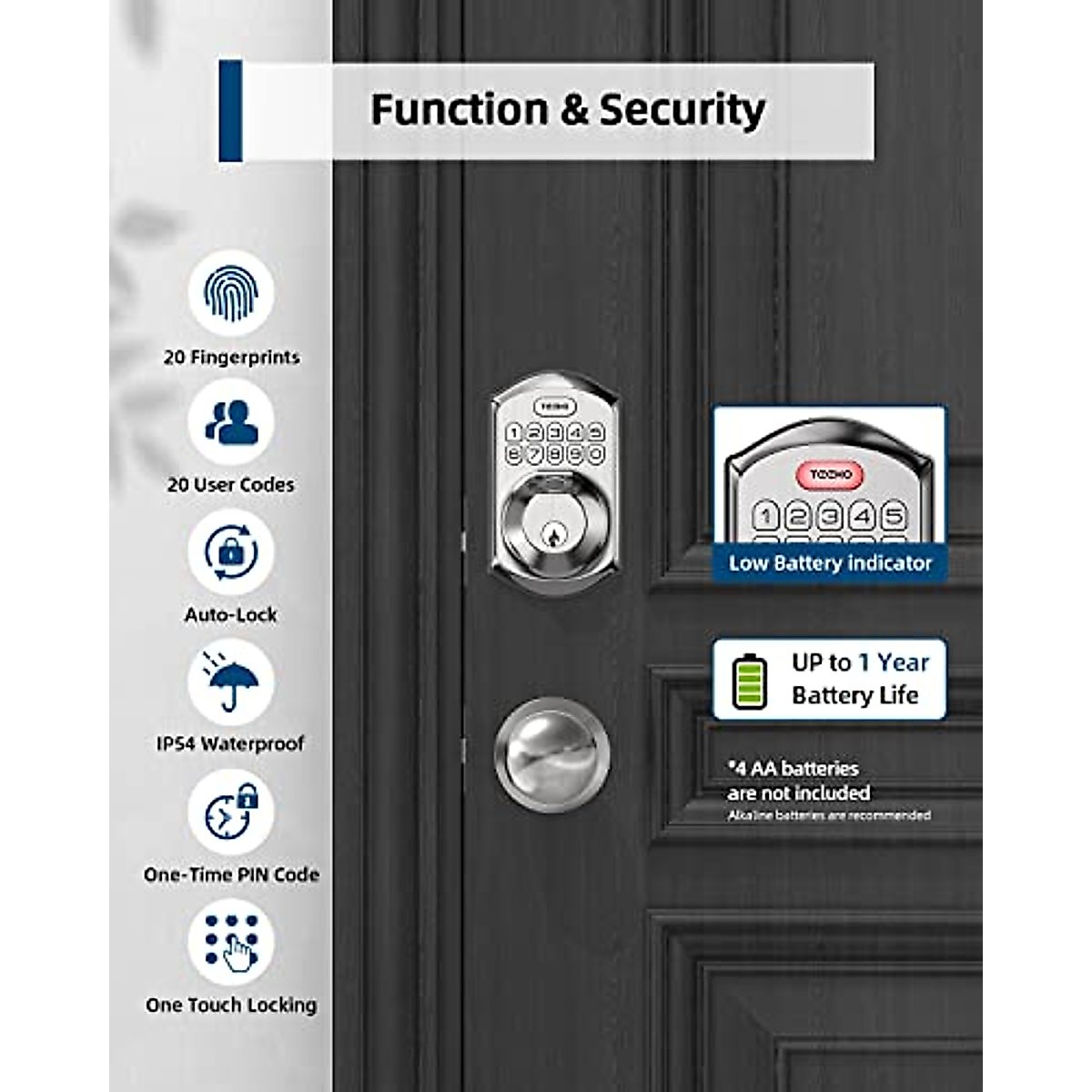 Fingerprint Door Lock Set - TEEHO Keyless Entry Door Lock with Handle - Door Knob with Keypad Deadbolt - Smart Locks for Front Door - Auto Lock - No Need App - Easy Installation - Satin Nickel