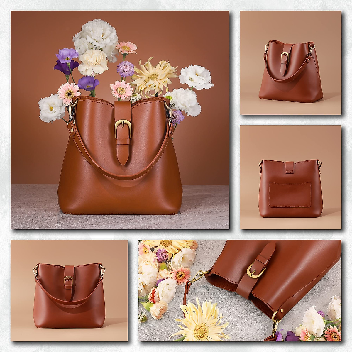 Town Bucket Vegan Leather Bag For Women (Light Brown Camel) Hobo Retro Faux Casual Purse Classic Vintage Simple Shoulder Handbag