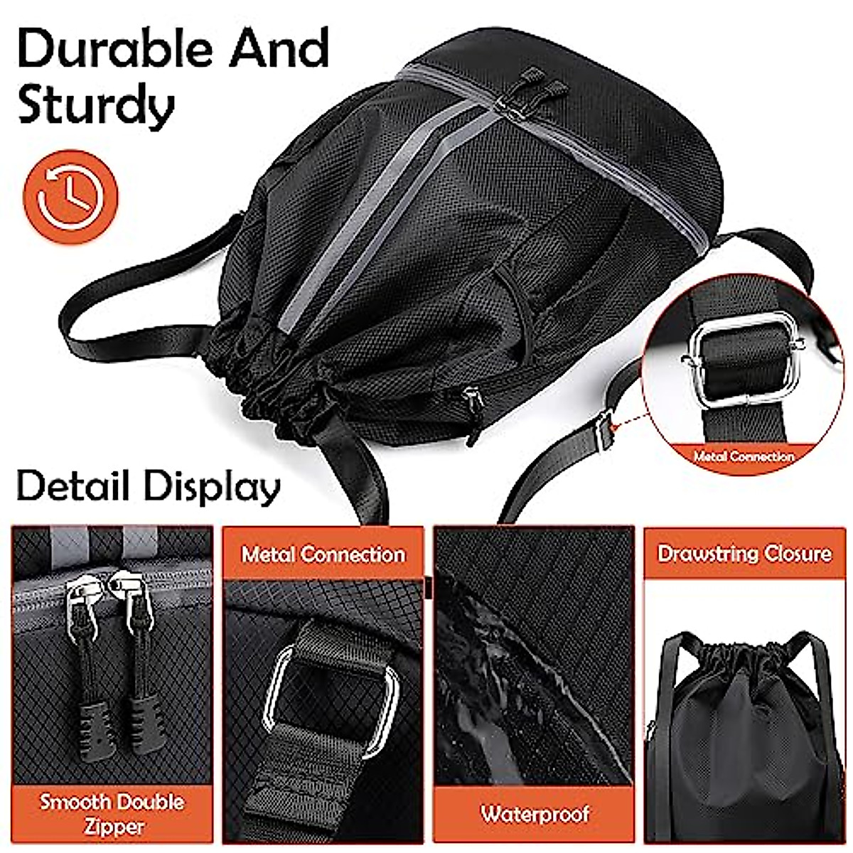 ZIXKUB Drawstring Backpack Gymbag Water Resistant Sports Sackpack with Zipper/Shoe Compartment/Wet Pocket/Mesh Pockets Gym Sack for Women Men Lightweight String Bag for Travel Soccer Swim, Black
