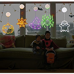 Halloween Decorations,5 Packs with Pumpkin,Ghost,Spider,Witch's Hat,Spider Web Halloween Window Lights with Suction Cup & Hooks,Battery Operated Indoor Window Hanging Lights for Night Window Decor