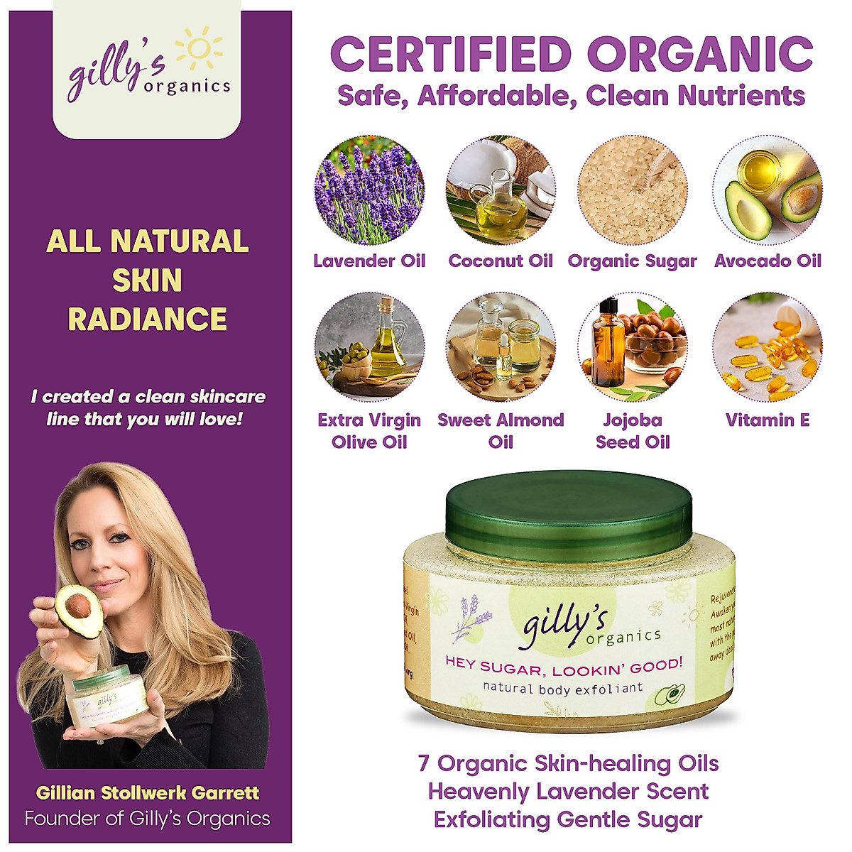 Gilly's Organics Sugar Scrub – Natural Scrubs with Lavender, Coconut, Avocado, Sweet Almond Oil – Gentle Exfoliating and Deeply Hydrating Body Scrub for Women and Men – 8oz Organic Sugar Scrub