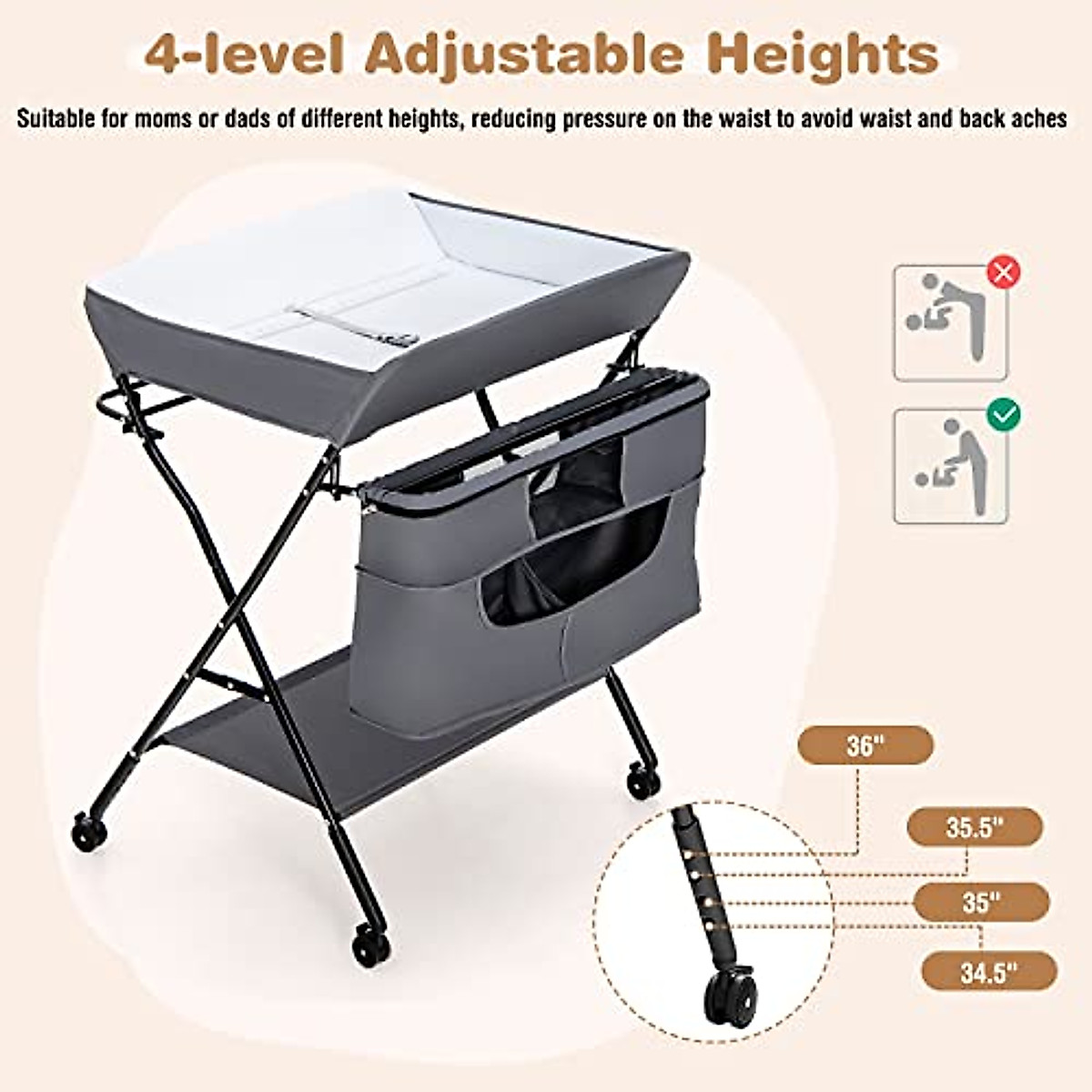 HONEY JOY Changing Table, Folding Mobile Nursery Organizer w/Wheels, Adjustable Height, Storage Bag & Open Shelf, Portable Diaper Changing Station for Newborn (Gray, 31.5"x26"x40")